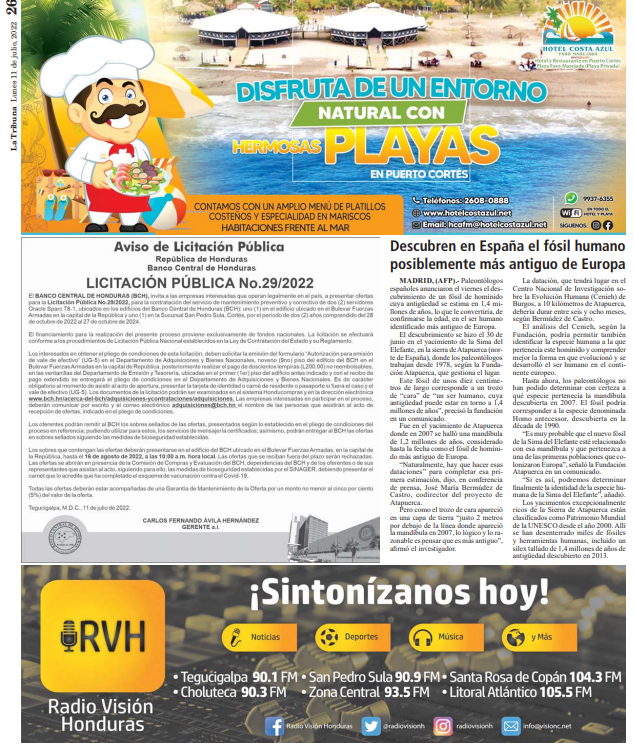 Licitacion de Banco Central de Honduras (BCH) en PORTAL ÚNICO DE TRANSPARENCIA